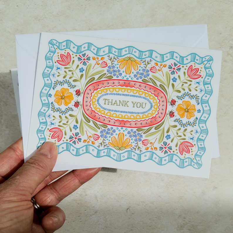 Folk Style Folded Thank You Cards & White Envelopes - Etsy