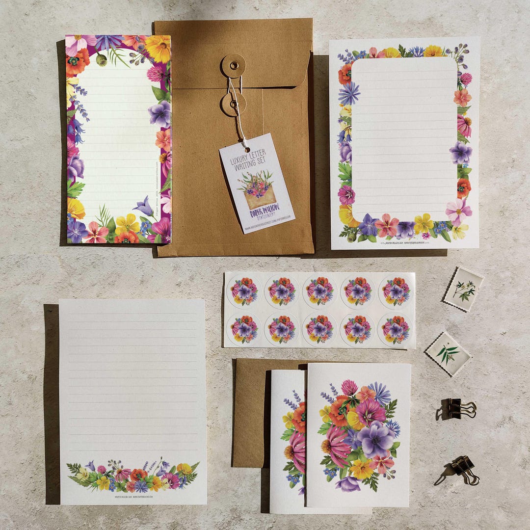 Luxury Letter Writing Set, Colourful Flowers, Note Paper, Long Notepad ...
