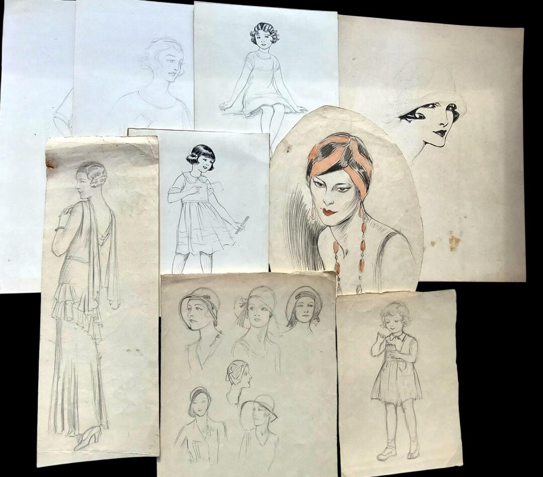 Lot of Hand Drawn Illustrations & Sketches, 1920s Commercial Art, Ink ...