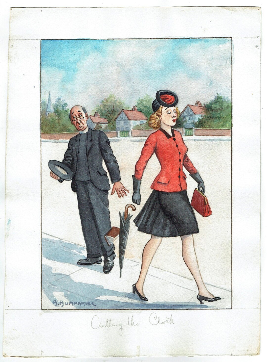 Original Artwork,1940s/50s, Postcard Illustration, Watercolour, 'vicar ...