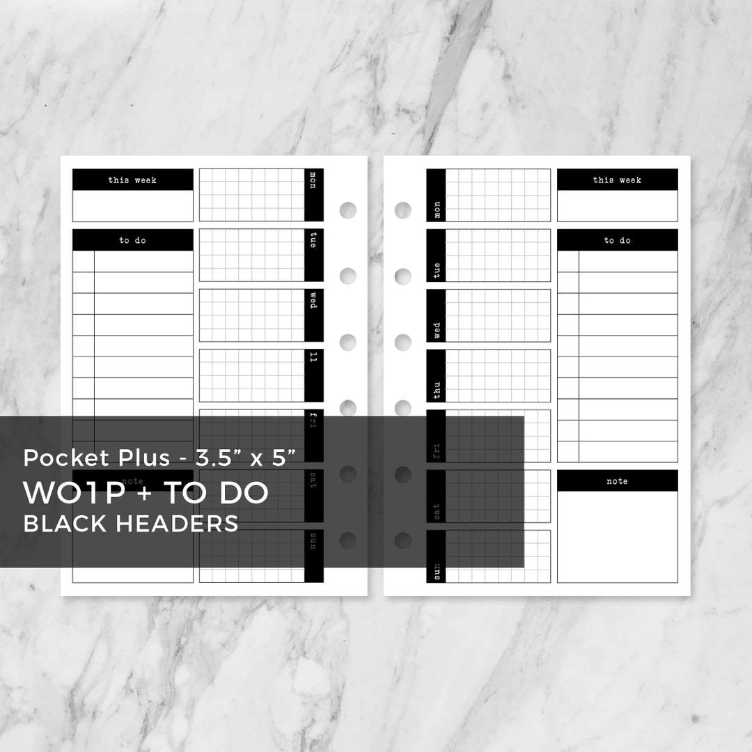 WO1P + TO DO (black Headers) Pocket Plus Printable Inserts, Minimal ...