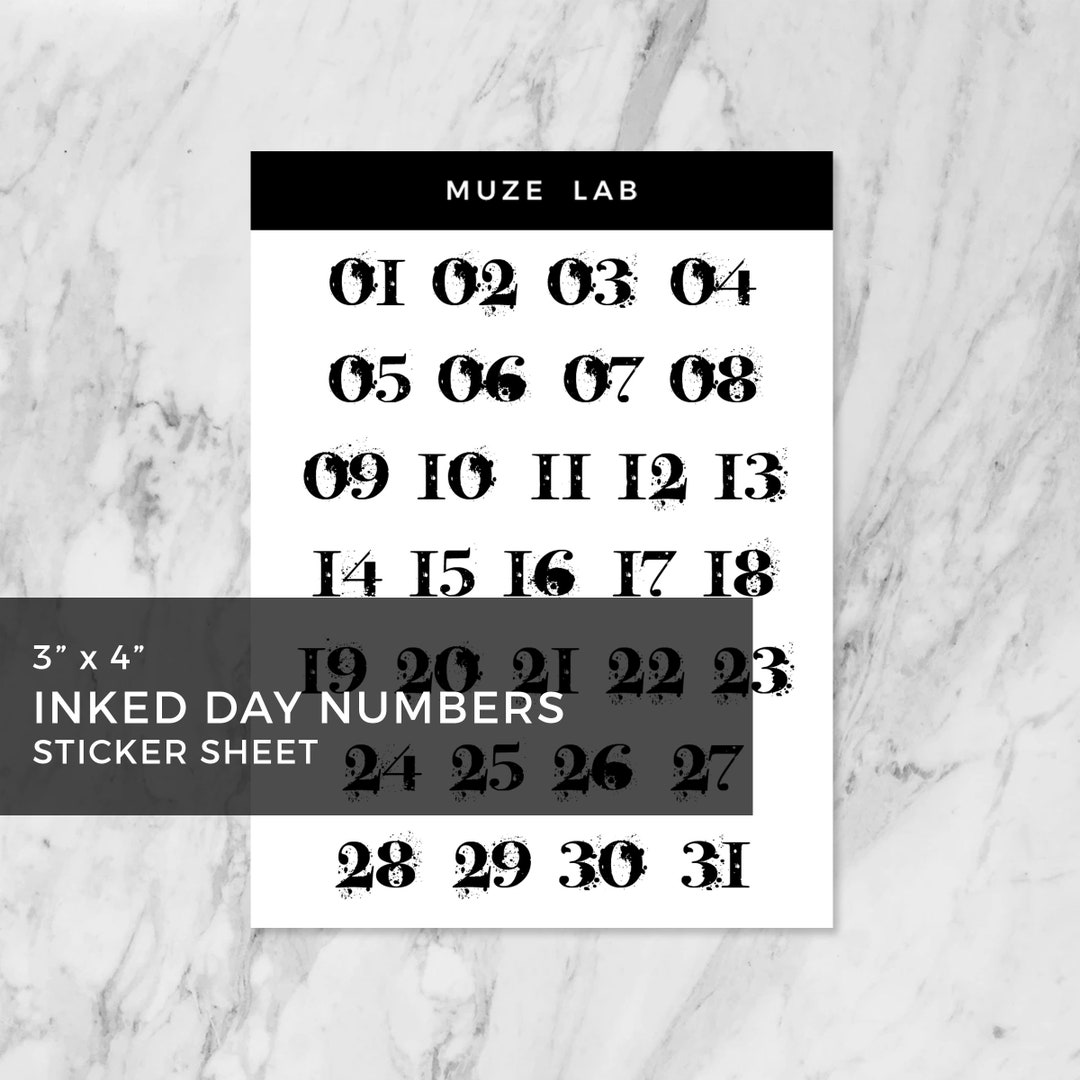 Inked Day Numbers Sticker Sheet - Etsy