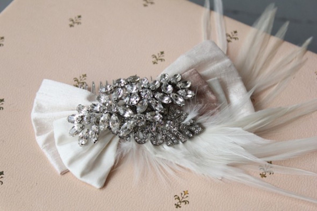Ariana - Eco-chic Ivory Vintage Style Feather and CZ Fascinator Comb ...