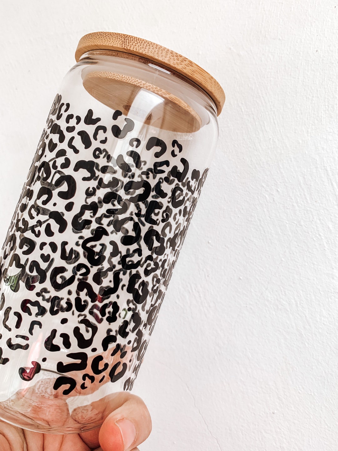 Leopard Print Glass, Beer Can Glass With Bamboo Lid and Reusable Straw ...