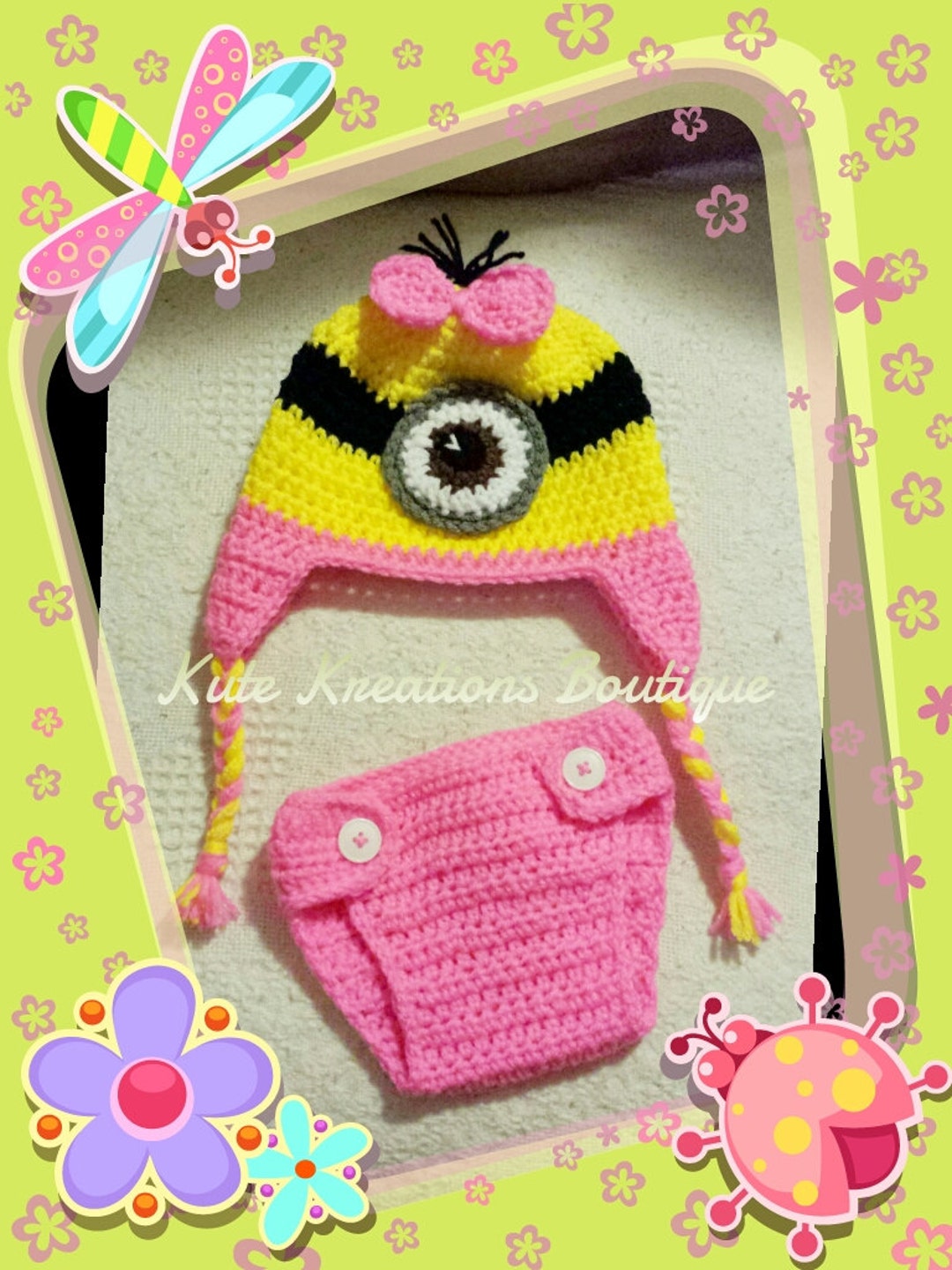 Imspired Crochet Pink Minion Diaper Cover Set With Earflap Beanie - Etsy