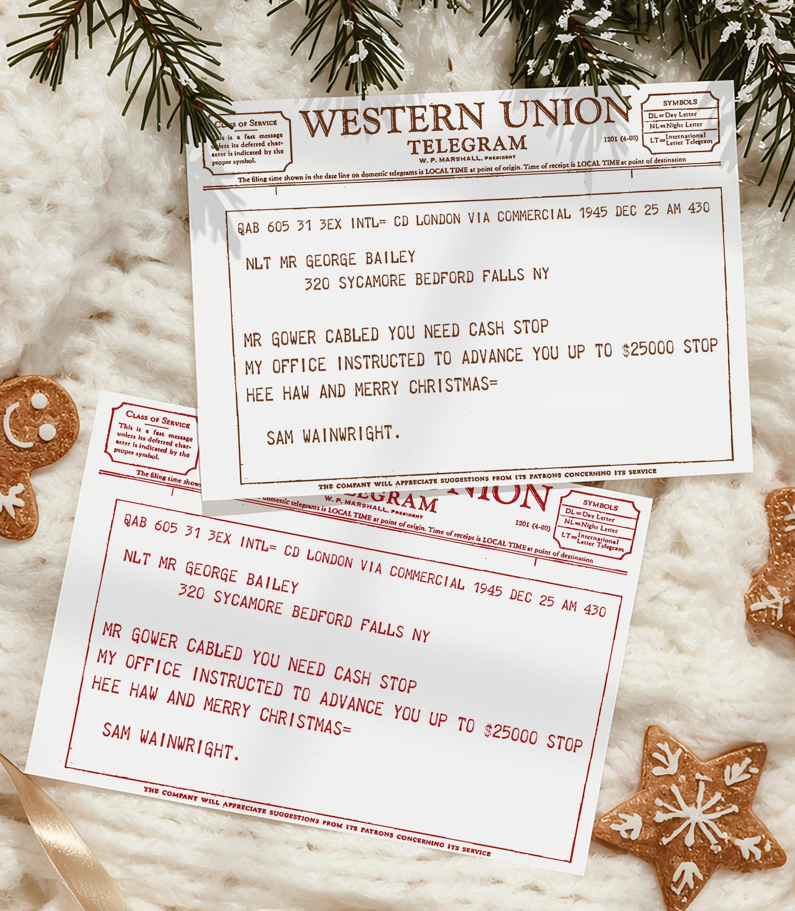 It’s a Wonderful Life Christmas Telegram Card Set, Bedford Falls ...