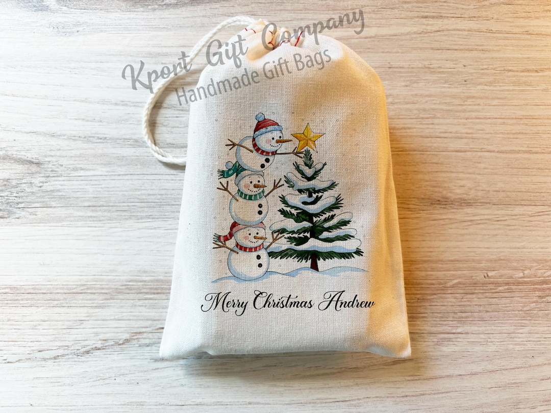 Personalized Snowman Christmas Gift Bag | Custom Cotton Drawstring ...