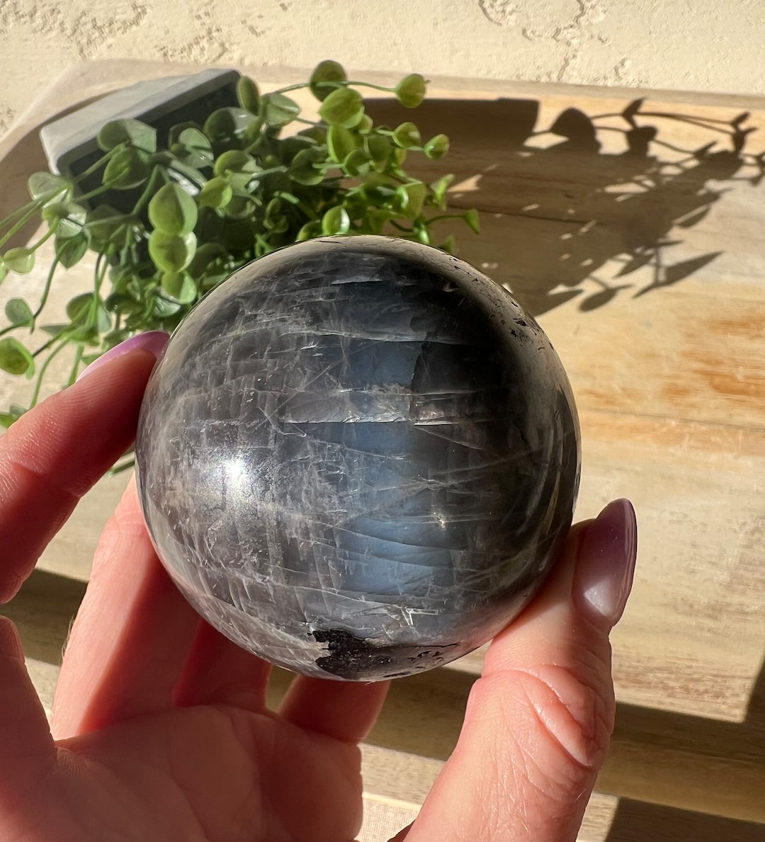 60mm Natural Black Moonstone Sphere | Light Blue Aqua Flash | Spots of ...