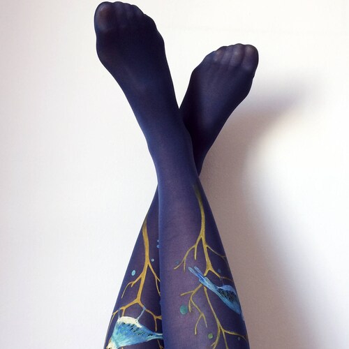 Unique Tights for Women With Hand Painted Motives Blue Birds - Etsy