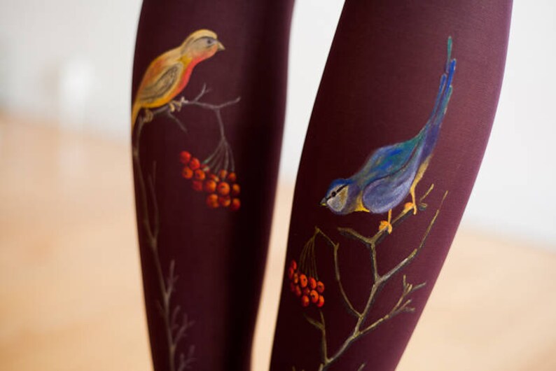 Unique Tights for Women With Hand Painted Motives - Birds and Berries ...