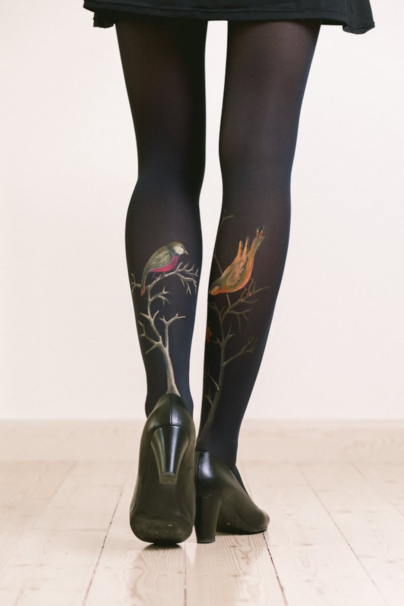 Unique Tights for Women With Hand Painted Motives - Birds and Berries ...