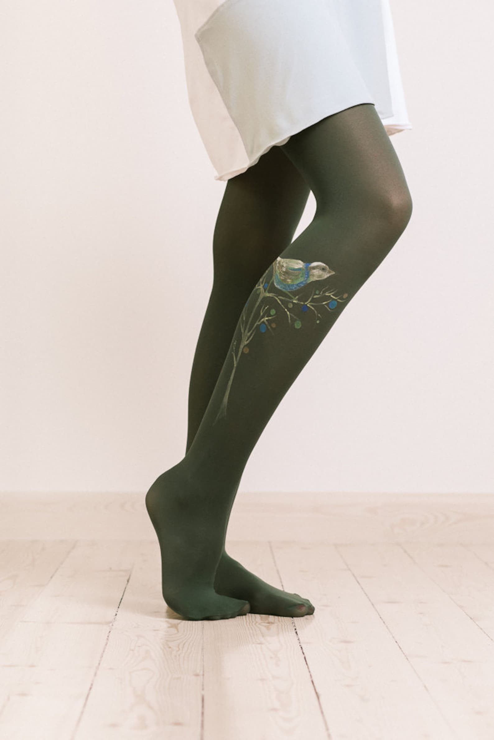 Unique Tights for Women With Hand Painted Motives Blue Birds - Etsy