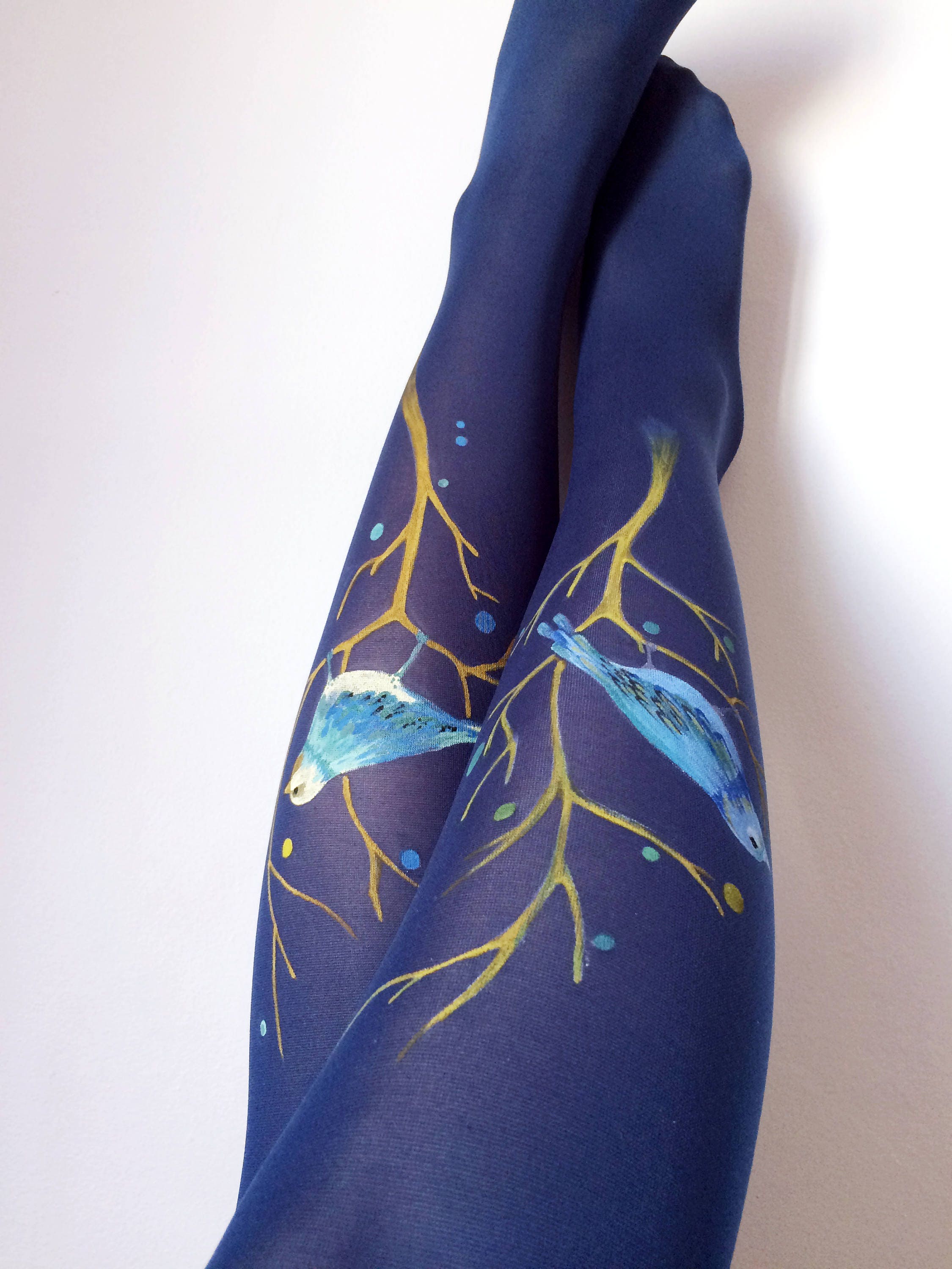 Unique Tights for Women With Hand Painted Motives Blue Birds - Etsy