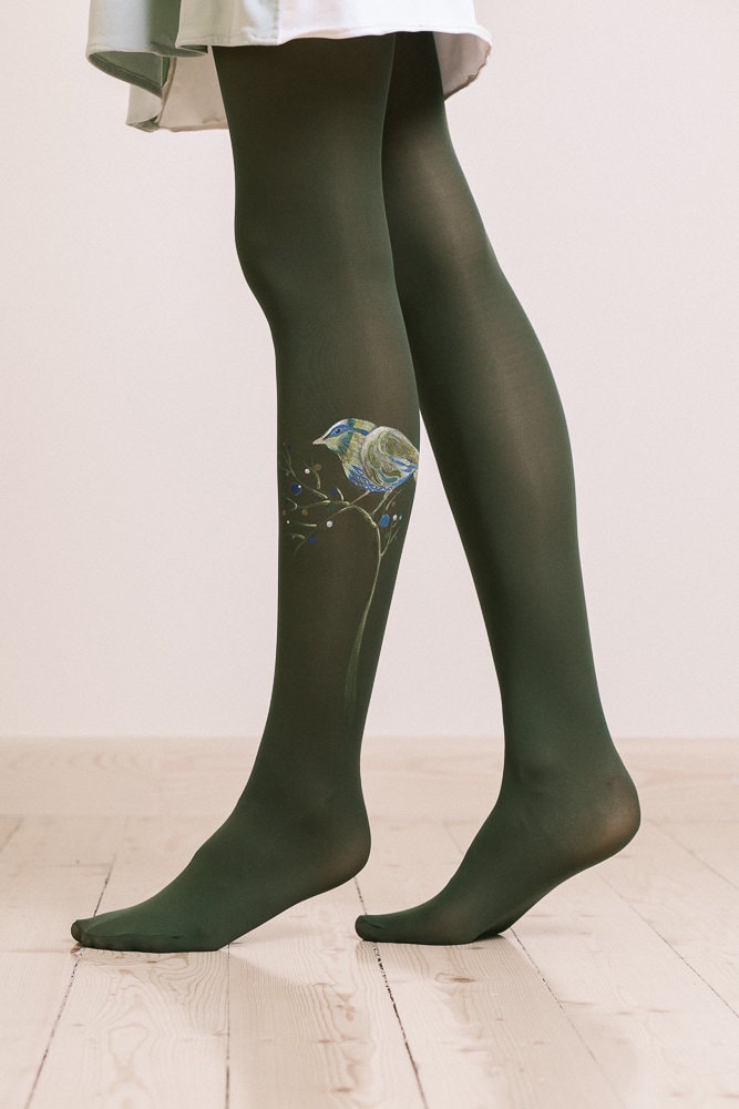 Unique Tights for Women With Hand Painted Motives Blue Birds - Etsy