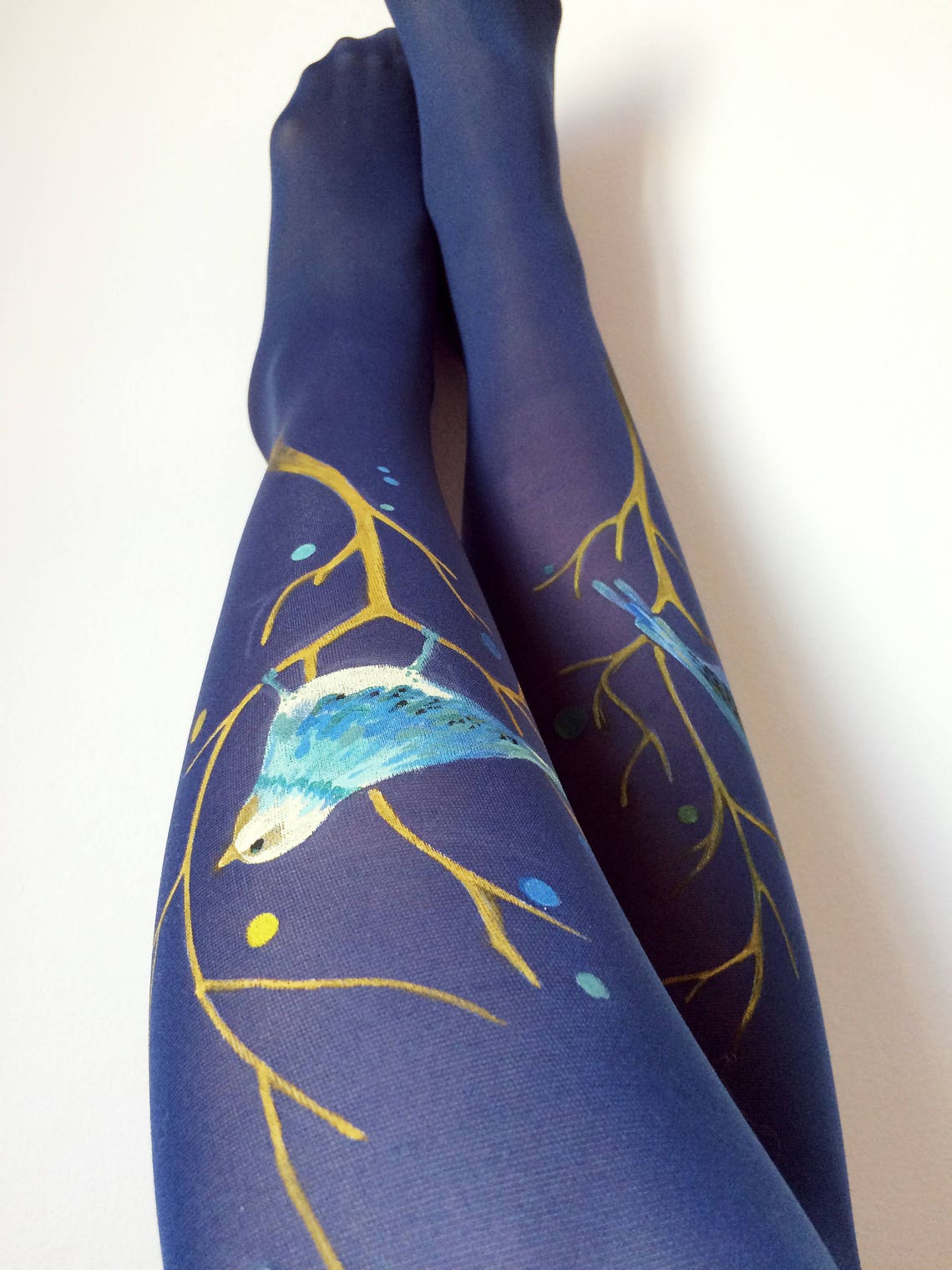 Unique Tights for Women With Hand Painted Motives Blue Birds - Etsy