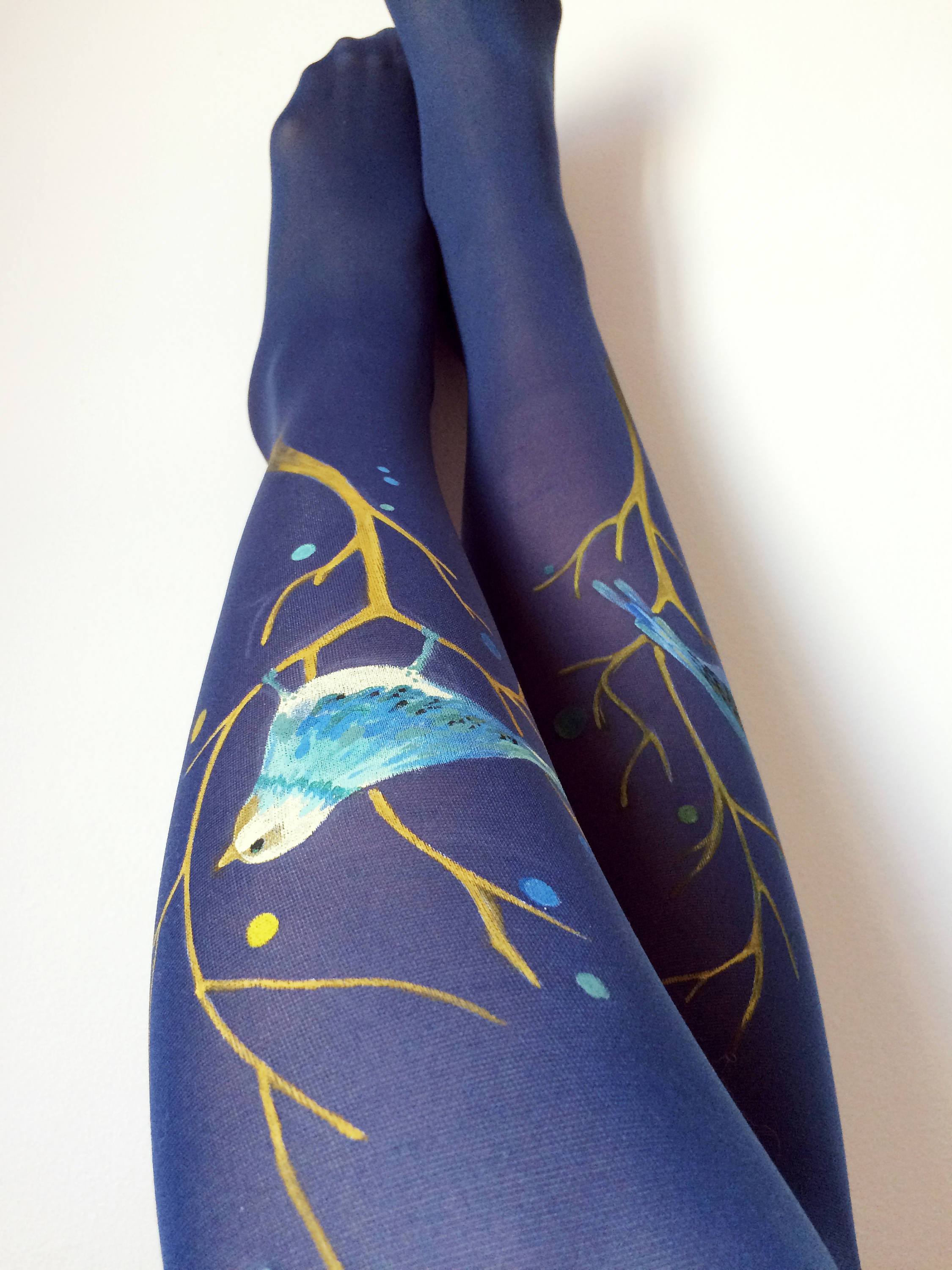 Unique Tights for Women With Hand Painted Motives Blue Birds - Etsy