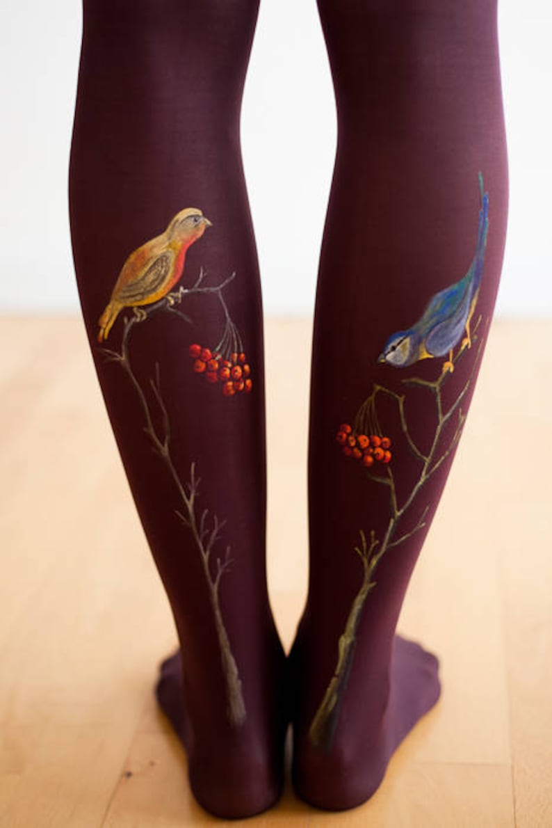 Unique Tights for Women With Hand Painted Motives Birds and Berries - Etsy