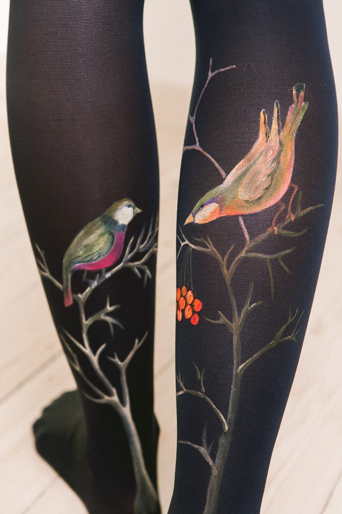 Unique Tights for Women With Hand Painted Motives Birds and Berries - Etsy