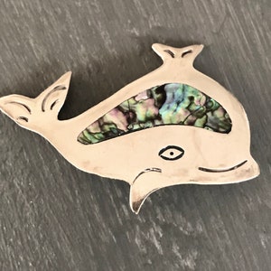 Alpaca Mexico Silver Whale Broach Abalone Shell Inlay Vintage Pin Ocean ...