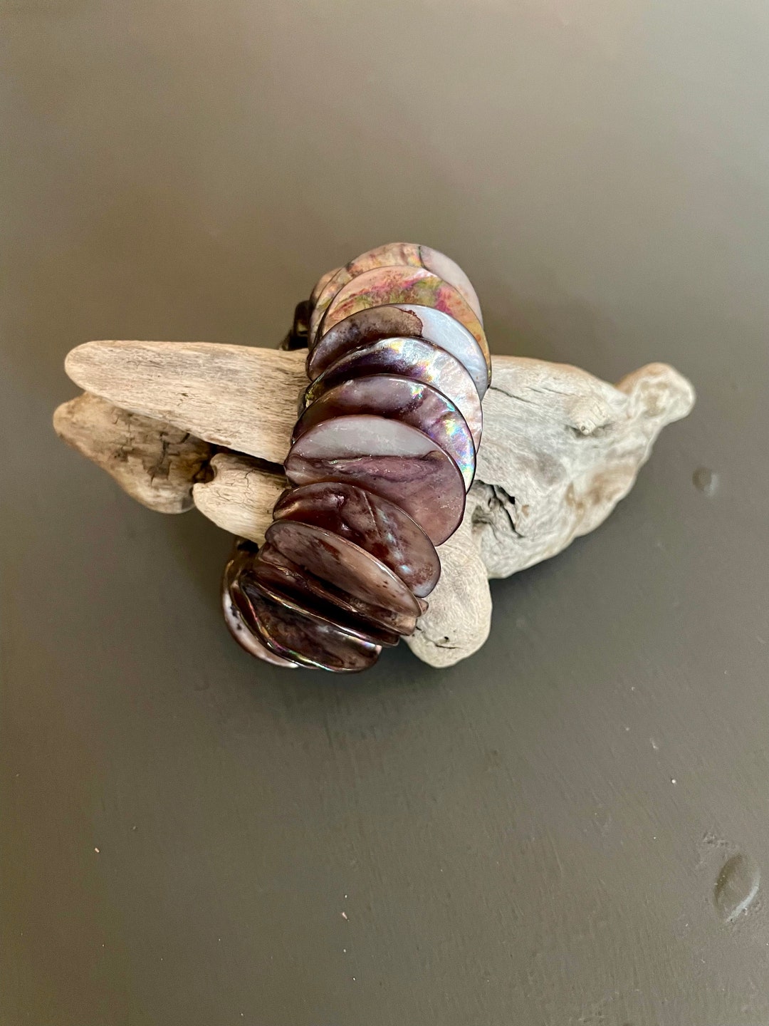 Abalone Shell Overlapping Disc Stretch Bracelet Vintage Seashell Cuff ...