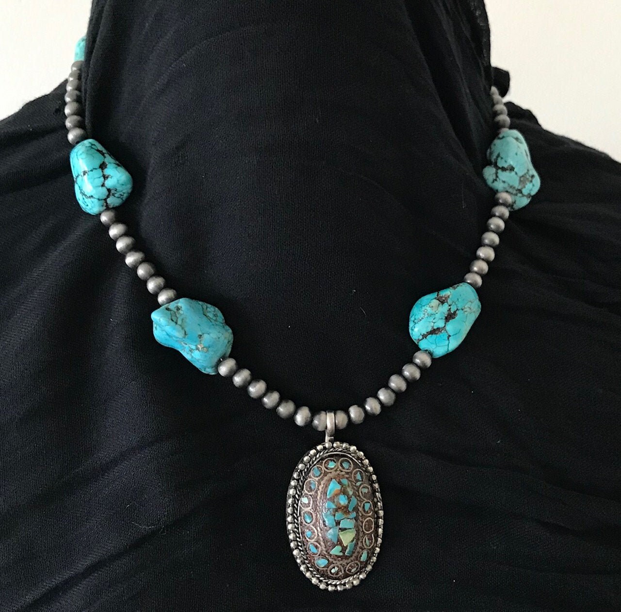 Tibetan Pendant Necklace Turquoise dyed howlite Brushed | Etsy