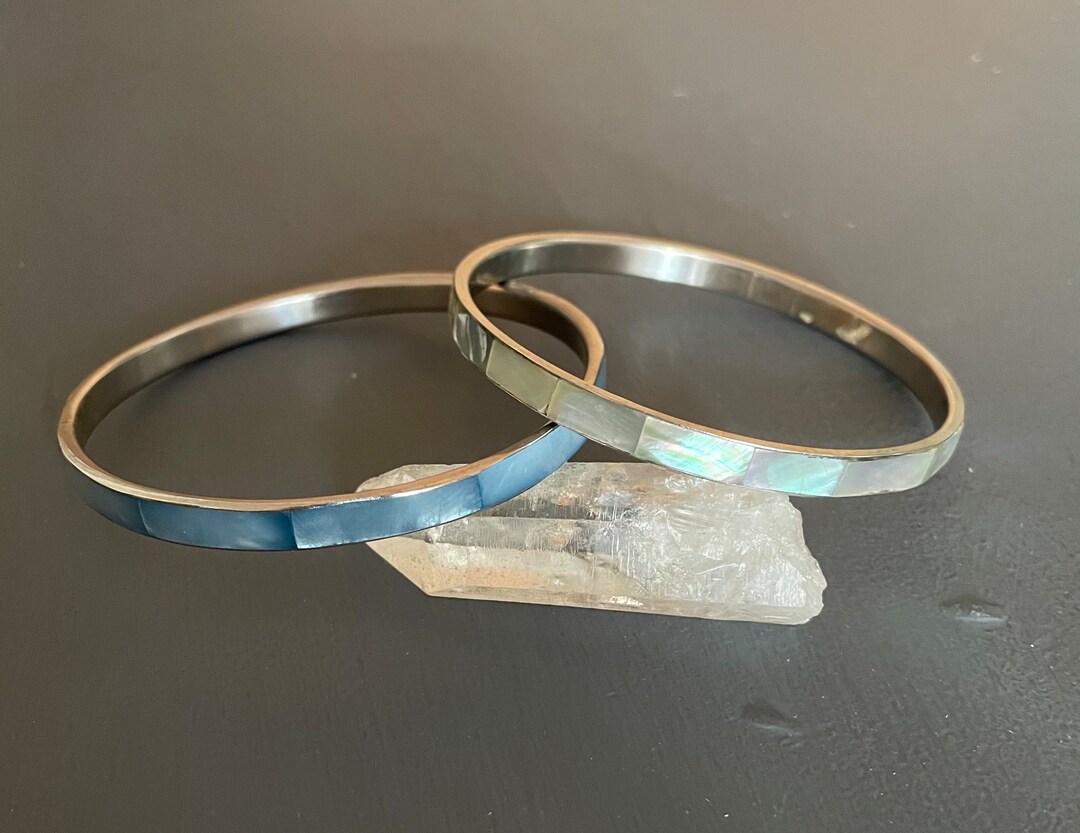 Mother of Pearl Inlaid Bangles Pair of Shell Inlay With Silver Inside Vintage Boho Bracelets One ...