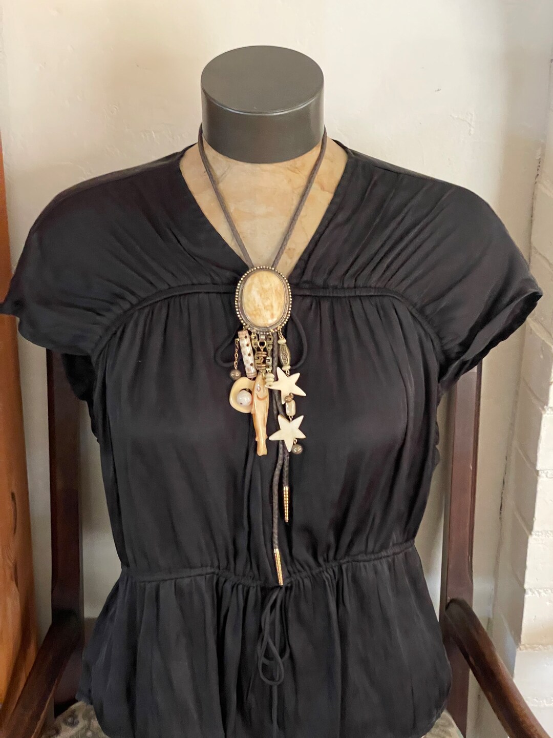 Southwestern Bolo Tie Carved Bone and Charm Bolo Tie Vintage Southwest ...