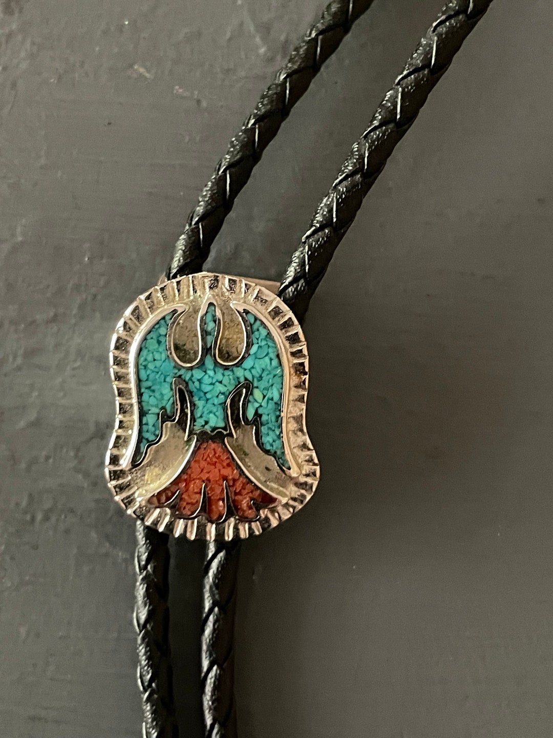 Peyote Bird Bolo Tie With Crushed Turquoise and Coral Southwestern ...