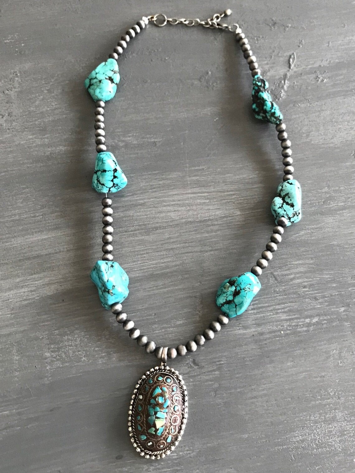Tibetan Pendant Necklace Turquoise dyed howlite Brushed | Etsy