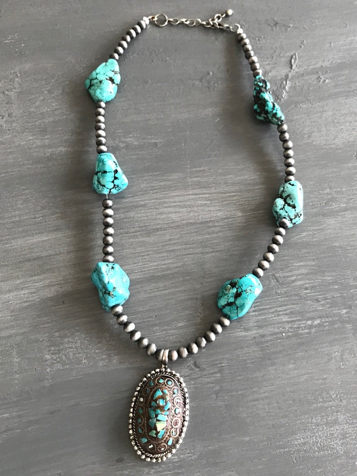 Tibetan Pendant Necklace Turquoise dyed howlite Brushed | Etsy