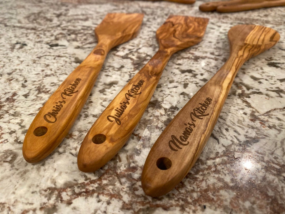Custom Engraved Handle ["yourname's Kitchen"] Rustic Olive Wood Spoon ...