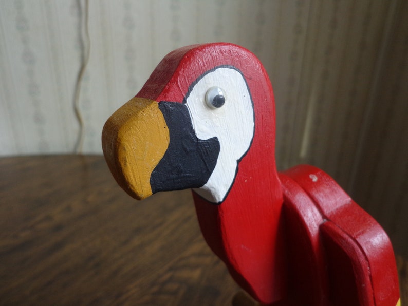 Wood Parrot, Large Handmade Wooden Parrot, Colorful Bird on Perch, 9.5 ...
