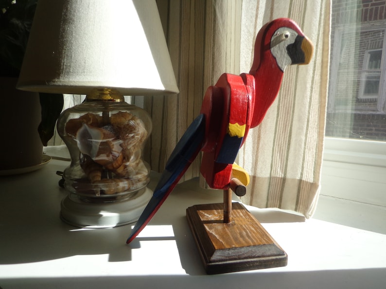 Wood Parrot, Large Handmade Wooden Parrot, Colorful Bird on Perch, 9.5 ...