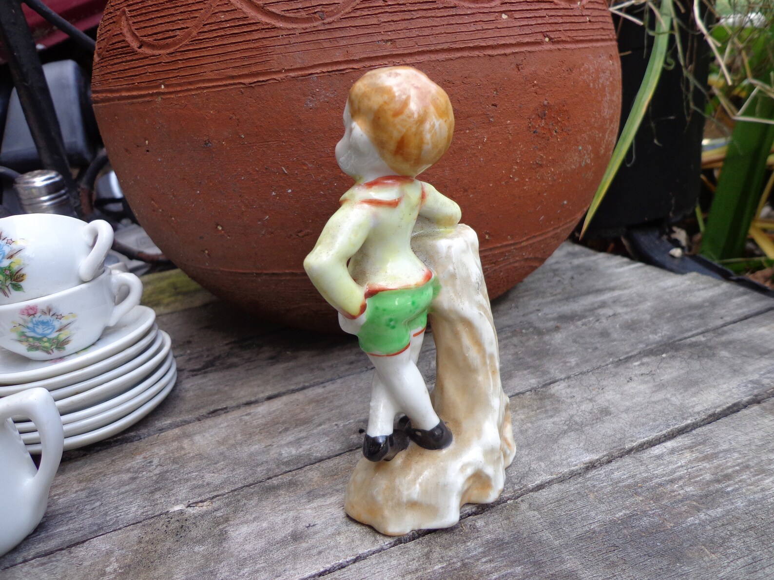 Vintage Figurine of A Boy Leaning on A Tree Stump, 5" High, Made in ...
