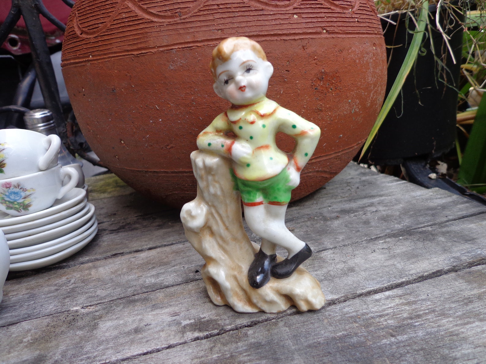 Vintage Figurine of A Boy Leaning on A Tree Stump, 5" High, Made in ...