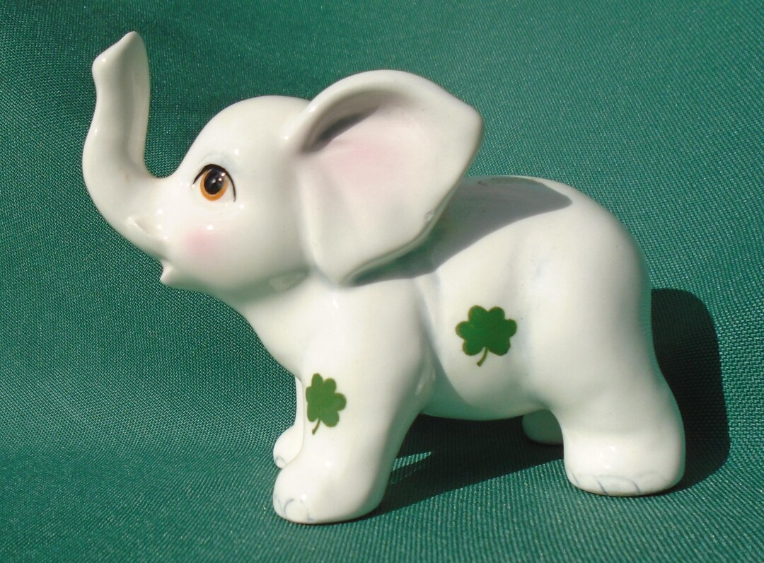 Lefton Irish Shamrock Elephant 3-1/2", Raised Trunk, 1983, TWO TINY ...
