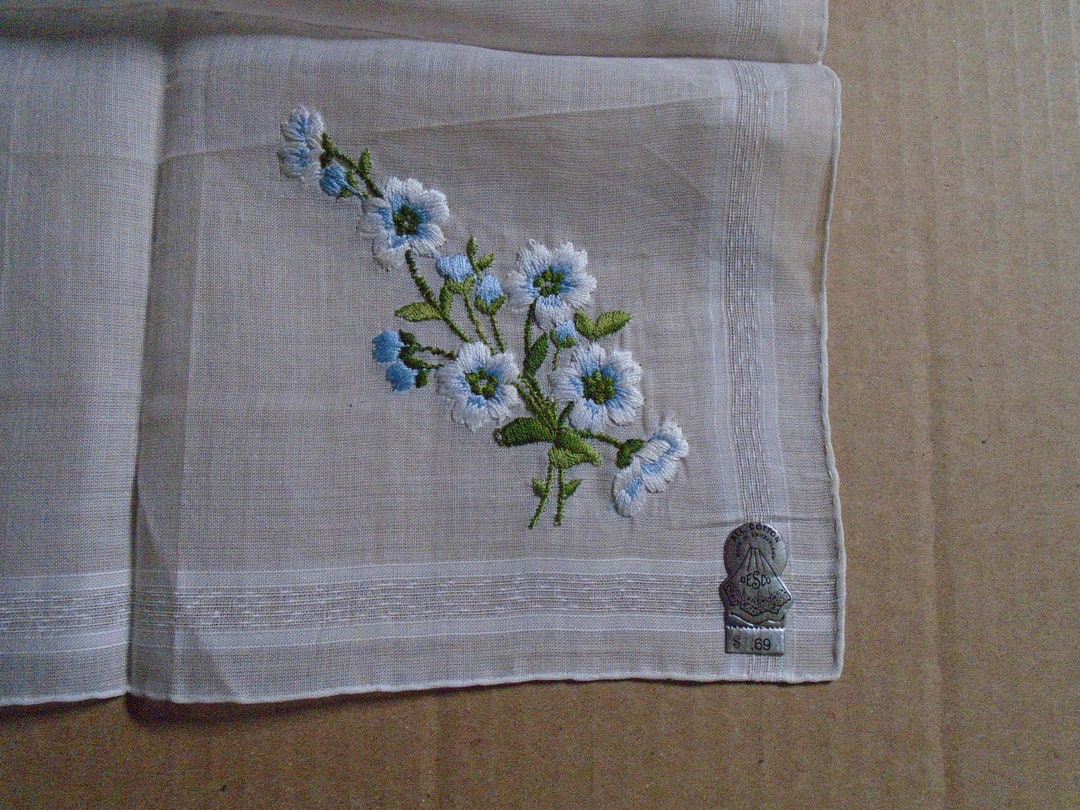 Vintage Swiss Hankie, Blue and White Flowers in One Corner, Desco Label ...