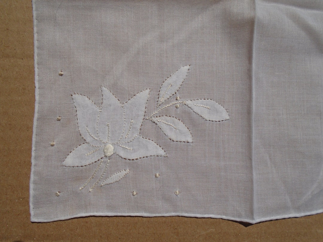 Vintage Madeira Style Handkerchief: White Flower Applique, Lady ...
