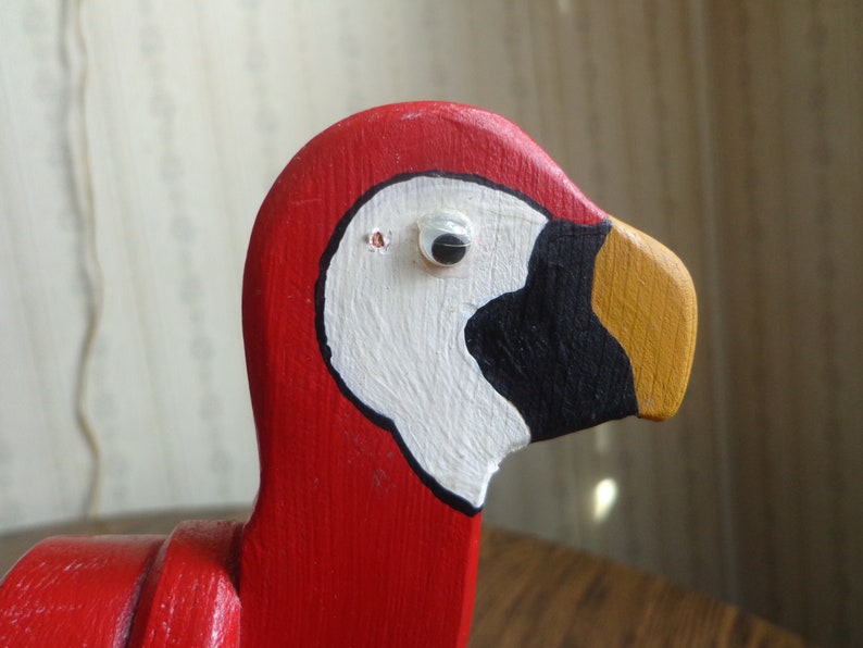 Wood Parrot, Large Handmade Wooden Parrot, Colorful Bird on Perch, 9.5 ...