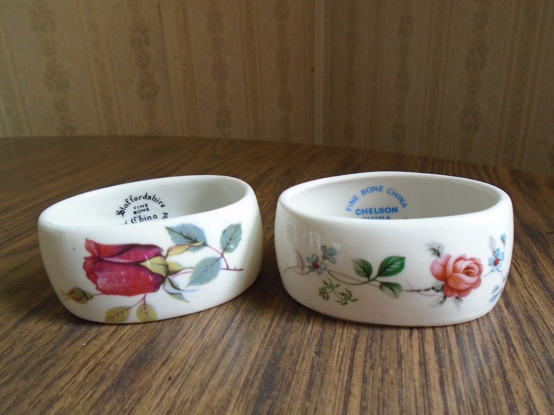 Two English Bone China Napkin Rings With Roses, Staffordshire & Chelson ...