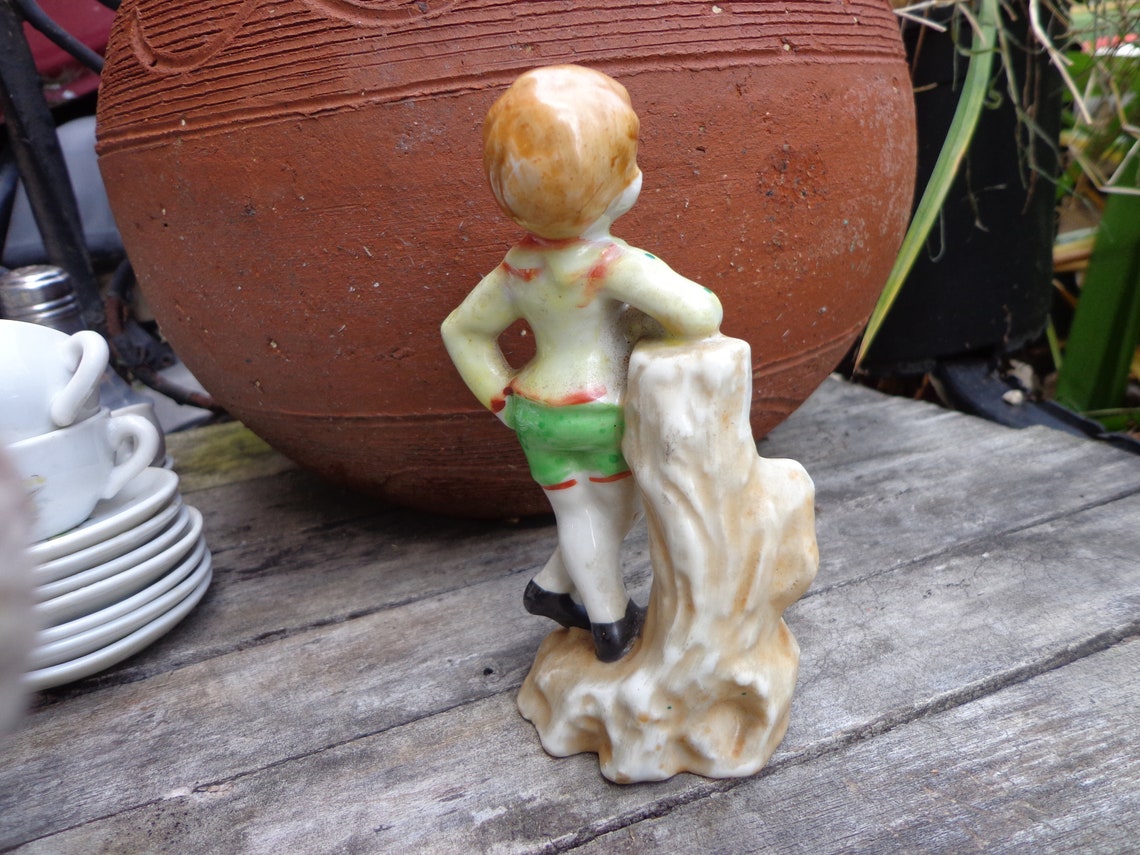 Vintage Figurine of A Boy Leaning on A Tree Stump, 5" High, Made in ...