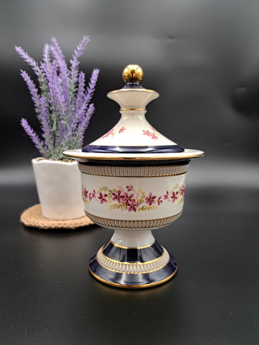 Hand-painted Porcelain Lidded Urn: Blue, White, and Gold Flowers - Etsy