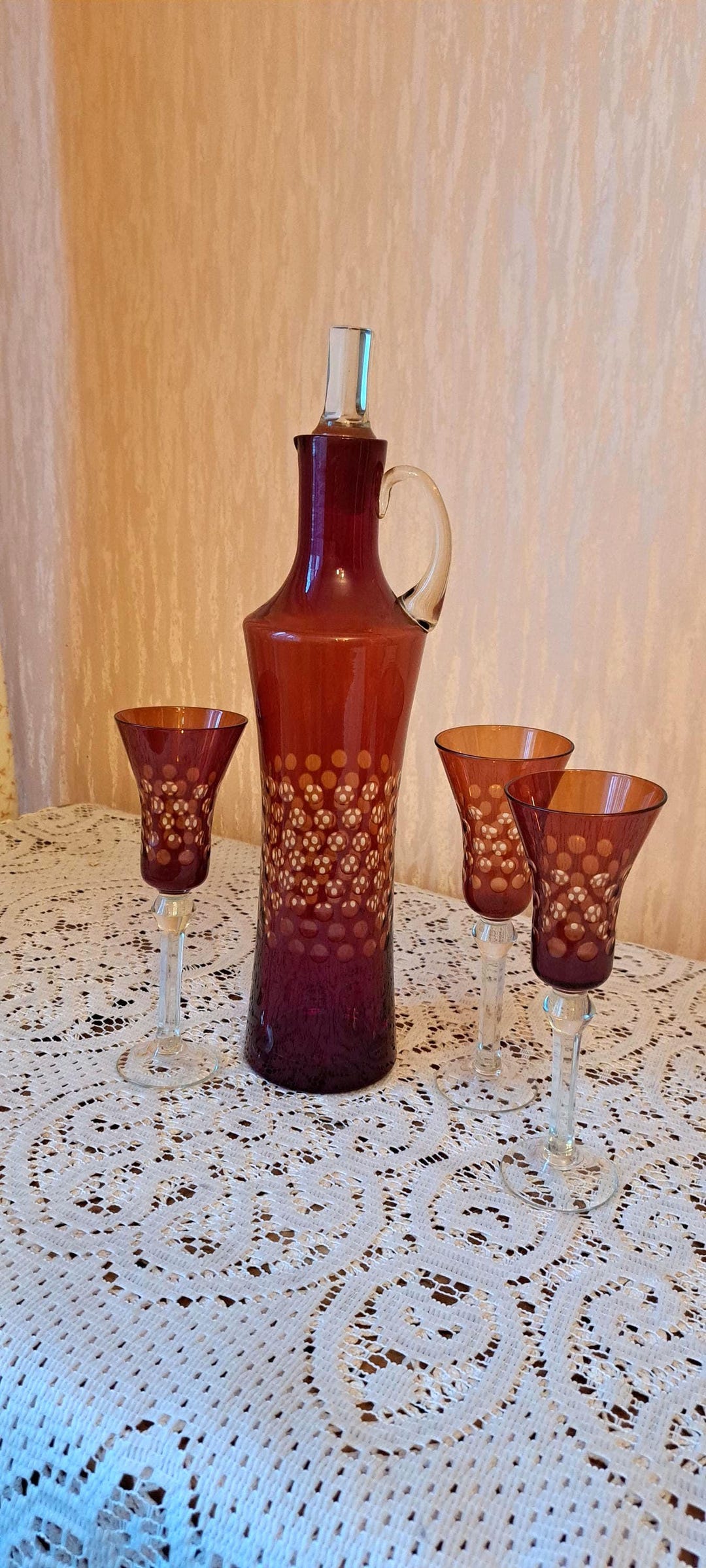 Vintage Red Glass Carafe Set: Bohemian Barware With Engraved Shots ...