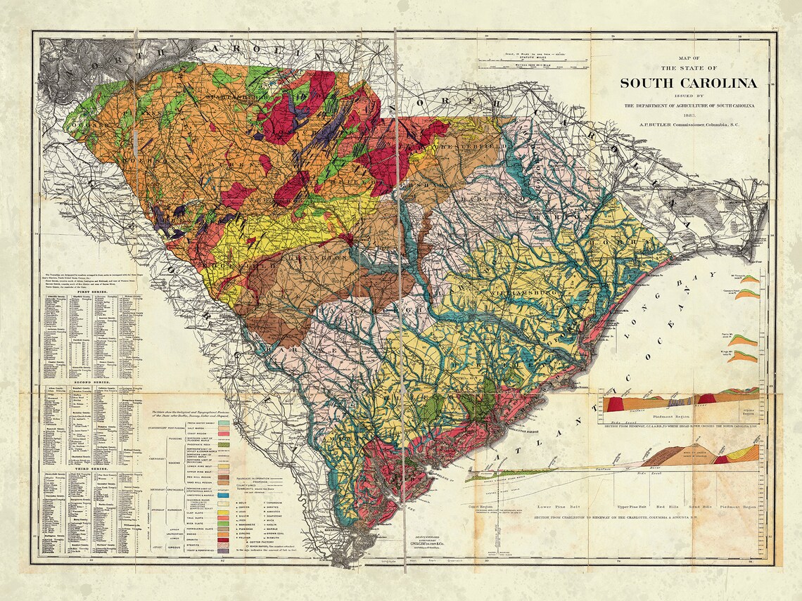 South Carolina Map. 1832 Geology Map. Printed on Archival | Etsy