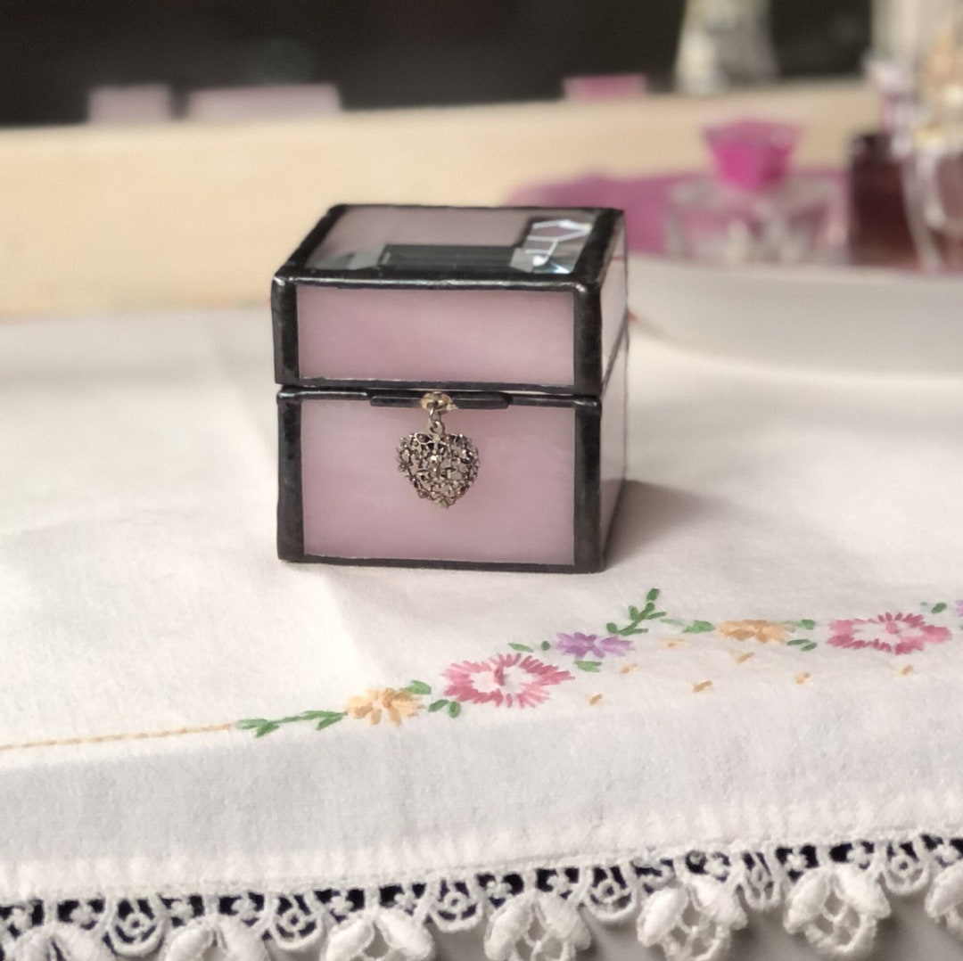 Pink Opalescent Stained Glass Ring Box Heart Charm Clear Beveled Top - Etsy