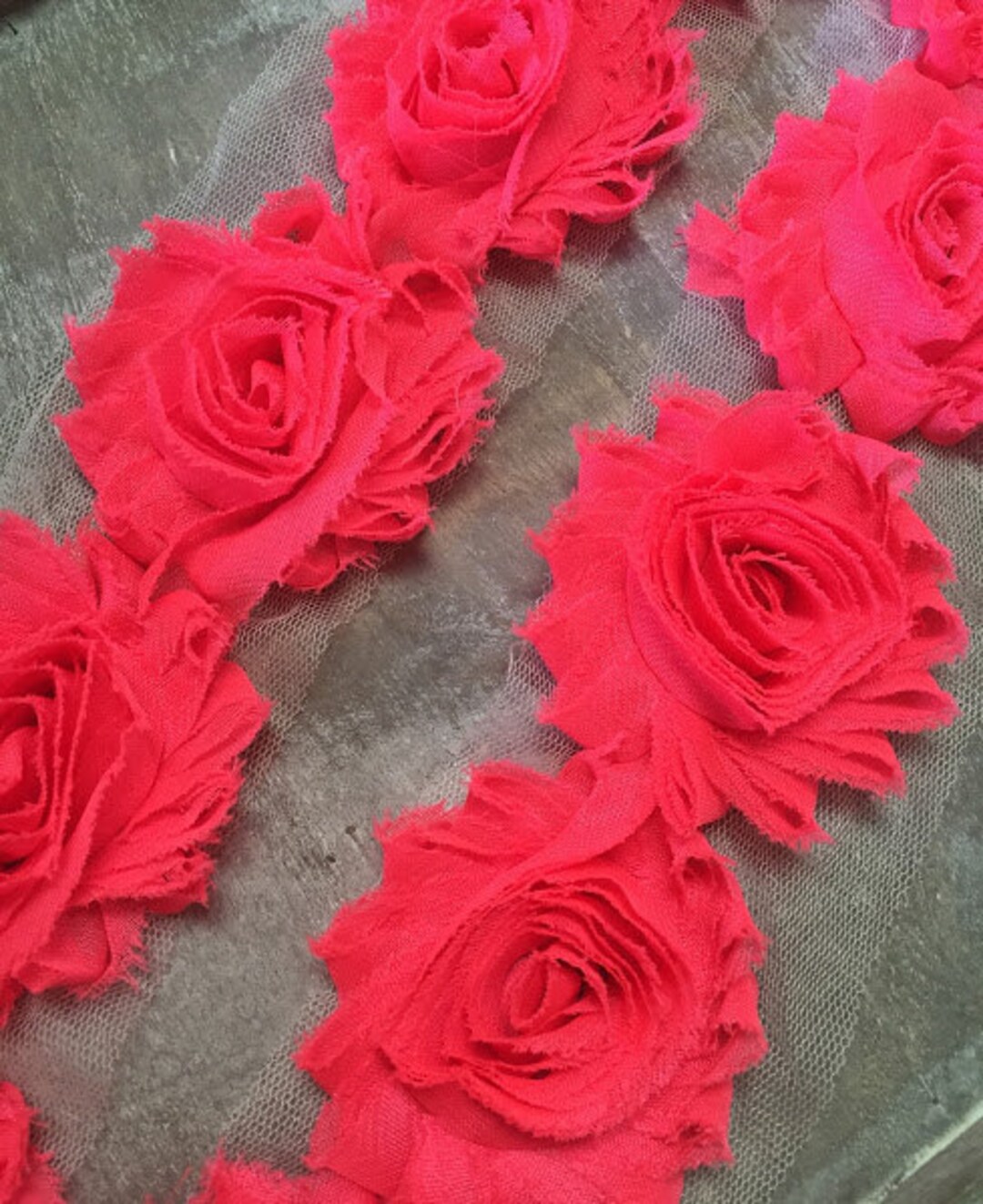 1 Yard Neon Pink Shabby Chiffon Flowers Regular 2.5 Shabby Rose Trim ...