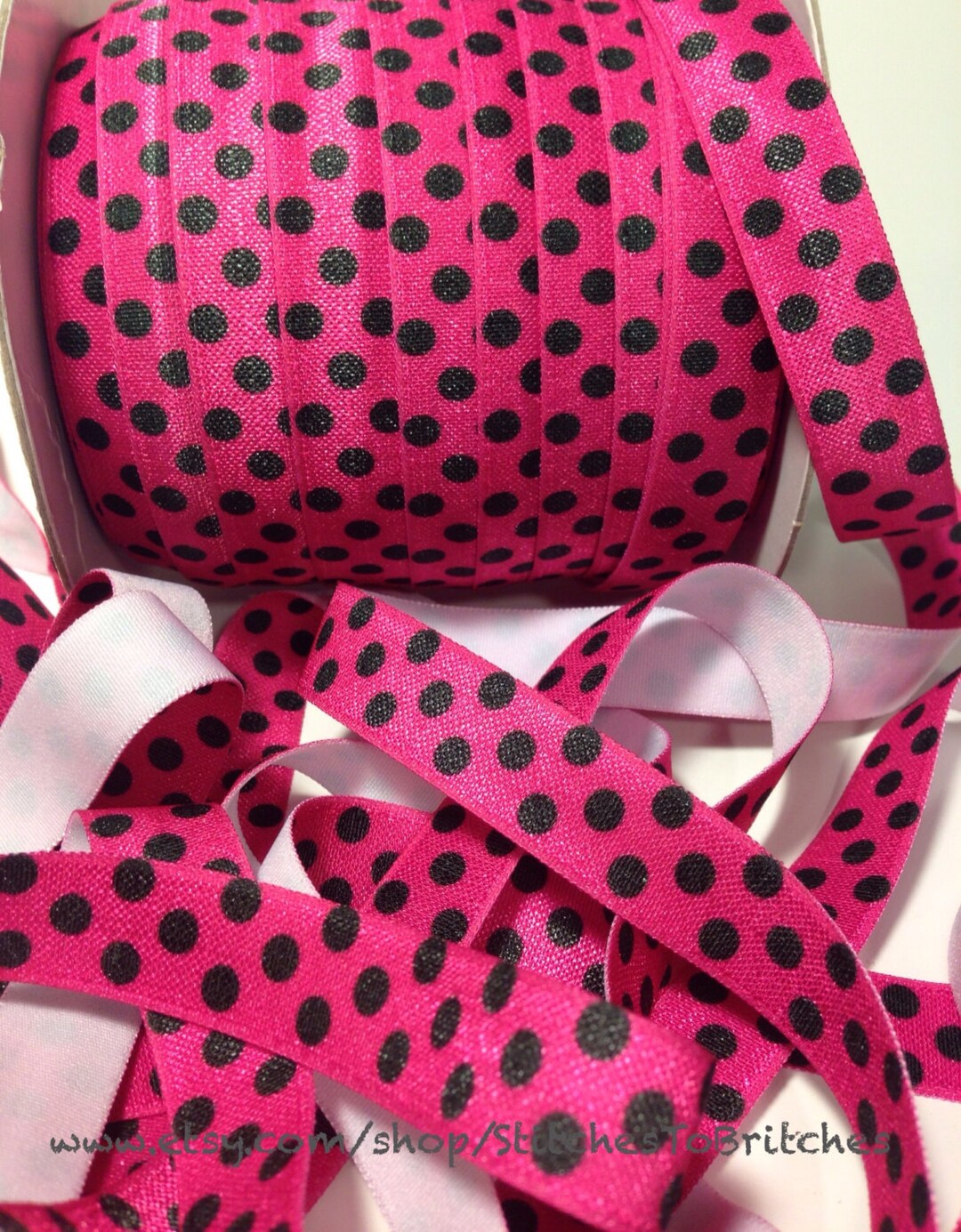 Hot Pink Black Polka Dot FOE - 5/8" Fold Over Elastic - 5 Yards ...