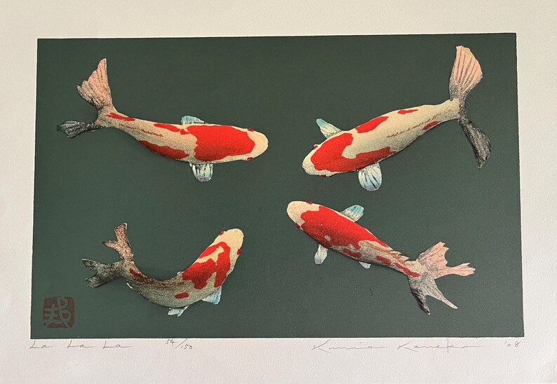 Gorgeous Original Japanese Woodblock Print by Kunio Kaneko Four Red Koi ...