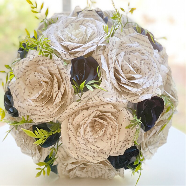 Book Page Paper Rose Wedding Bouquet – Navy Blue Wedding Bouquet ...