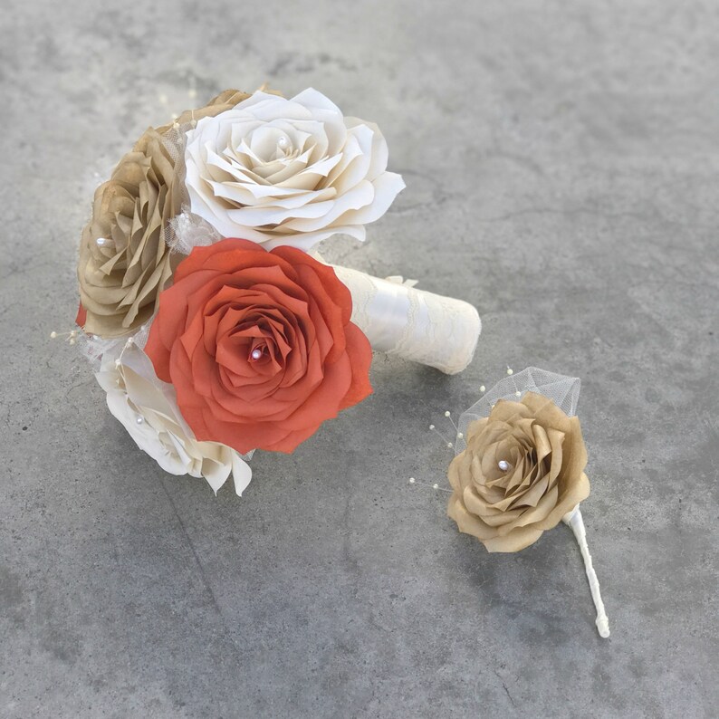Burnt Orange Ivory and Gold Paper Rose Bouquet in - Etsy